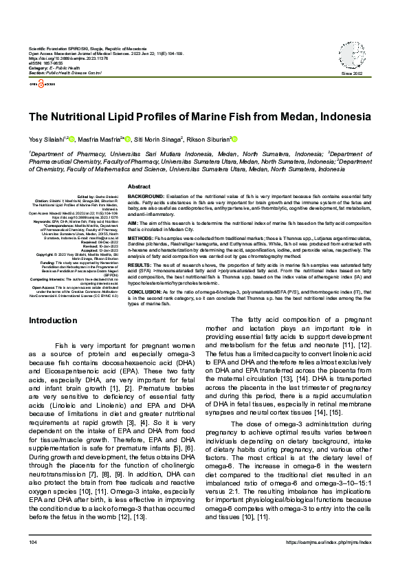 (PDF) The Nutritional Lipid Profiles of Marine Fish from Medan, Indonesia