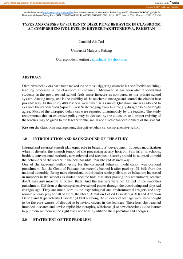 (PDF) Types and causes of students’ disruptive behavior in classroom at ...