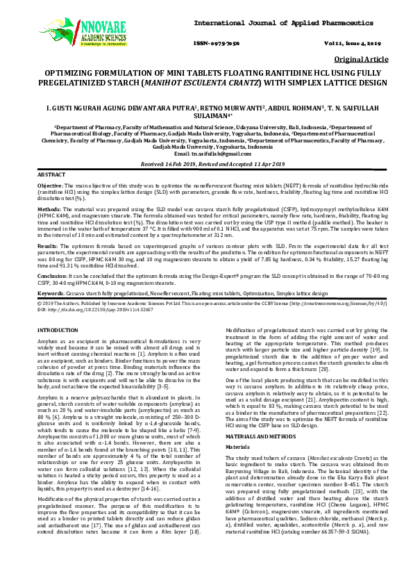 Pdf Optimizing Formulation Of Mini Tablets Floating Ranitidine Hcl Using Fully Pregelatinized
