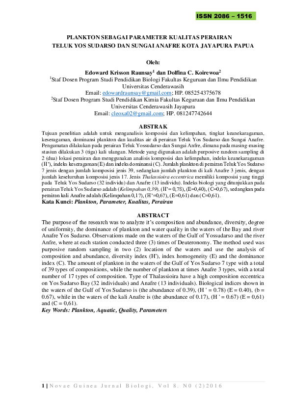 (PDF) Plankton Sebagai Parameter Kualitas Perairan Teluk Yos Sudarso Dan Sungai Anafre Kota ...