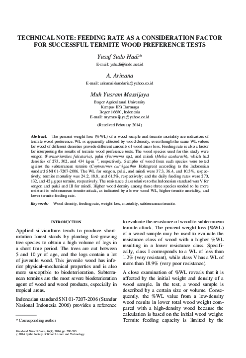 (PDF) Technical Note: Feeding Rate as a Consideration Factor for Successful Termite Wood ...