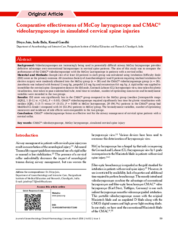 (PDF) Comparative effectiveness of McCoy laryngoscope and CMAC ...