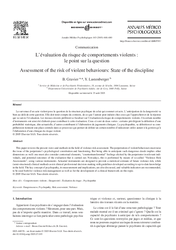 (PDF) L'évaluation du risque de comportements violents : le point sur la question