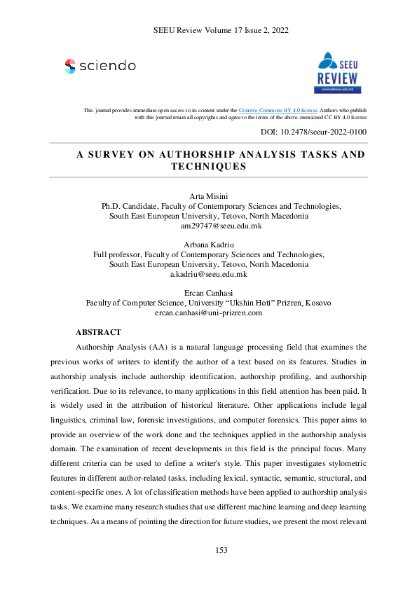 (PDF) A Survey on Authorship Analysis Tasks and Techniques