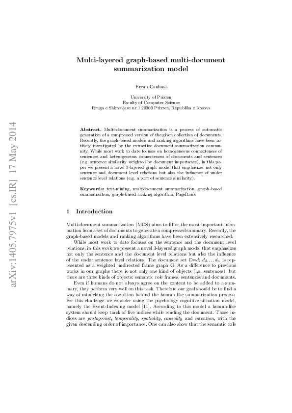 Pdf Multi Layered Graph Based Multi Document Summarization Model Ercan Canhasi