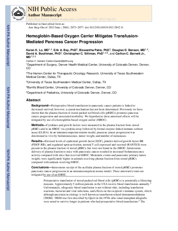 (PDF) Hemoglobin-Based Oxygen Carrier Mitigates Transfusion-Mediated ...