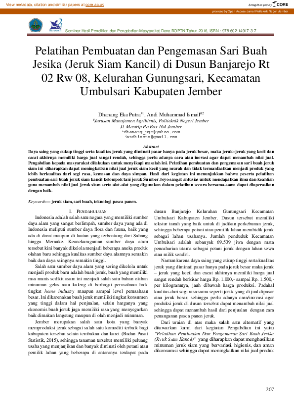 (PDF) Pelatihan Pembuatan dan Pengemasan Sari Buah Jesika (Jeruk Siam Kancil) di Dusun Banjarejo ...