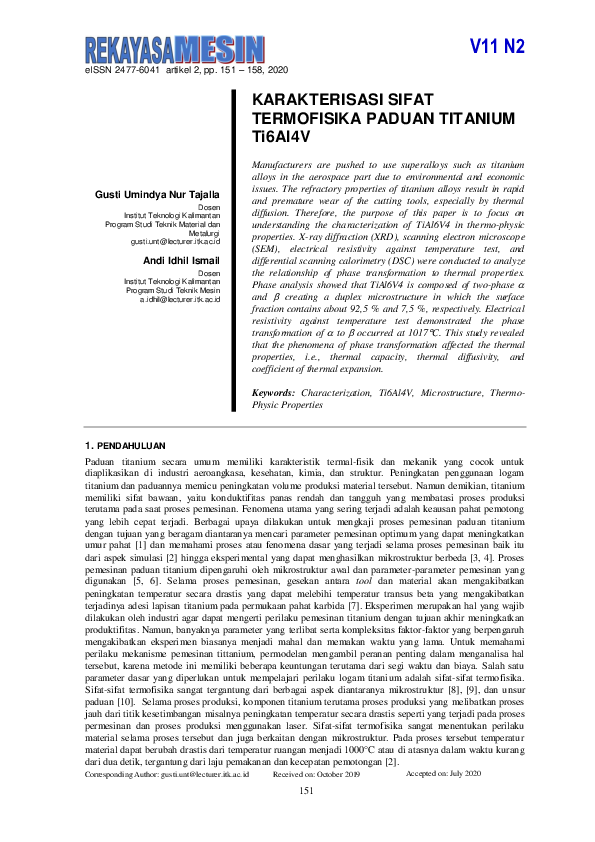 (PDF) Karakterisasi Sifat Termofisika Paduan Titanium Ti6Al4V