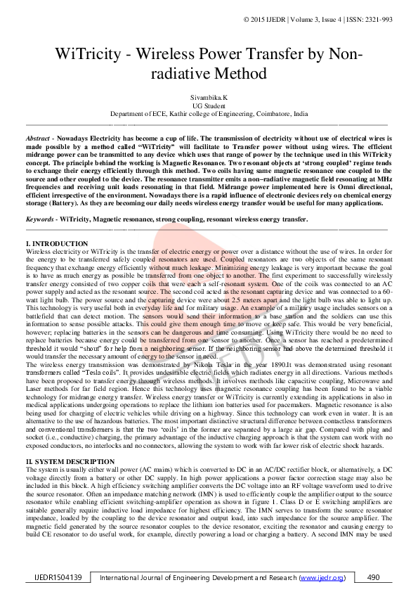 (PDF) WiTricity:Wireless Power Transfer By Non-radiative Method