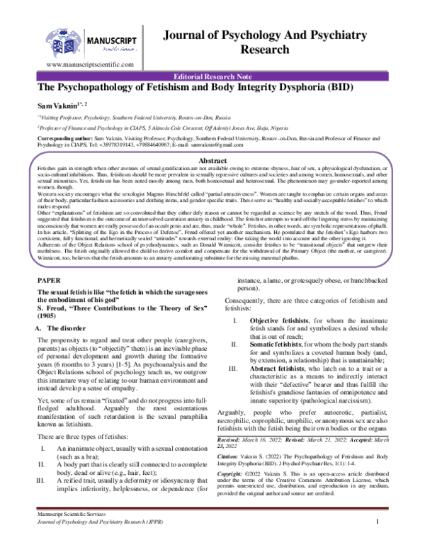 (PDF) The Psychopathology of Fetishism and Body Integrity Dysphoria (BID)