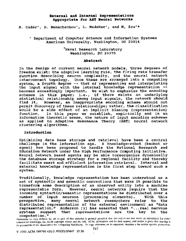 (PDF) External and internal representations appropriate for ART neural networks