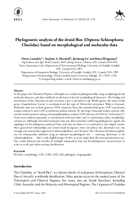 (PDF) Phylogenetic analysis of the druid flies (Diptera: Schizophora: Clusiidae) based on ...