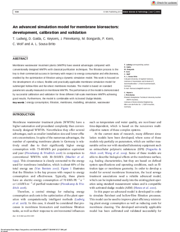 (PDF) An advanced simulation model for membrane bioreactors: development, calibration and validation