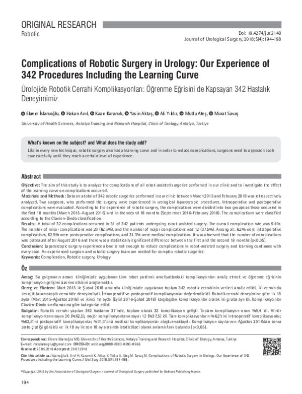 (PDF) Complications of Robotic Surgery in Urology: Our Experience of 342 Procedures Including ...