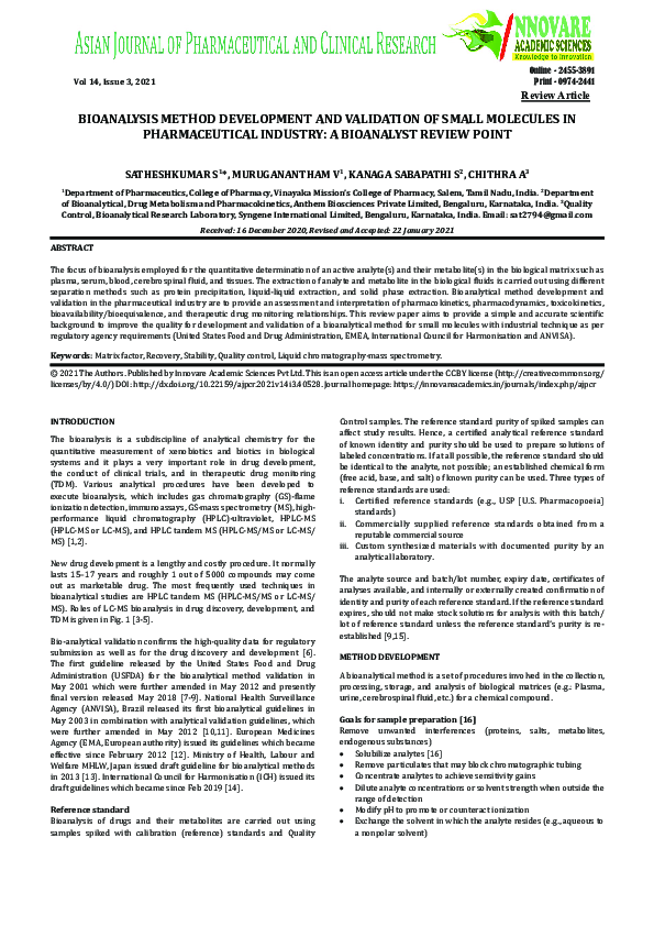 (PDF) BIOANALYSIS METHOD DEVELOPMENT AND VALIDATION OF SMALL MOLECULES ...