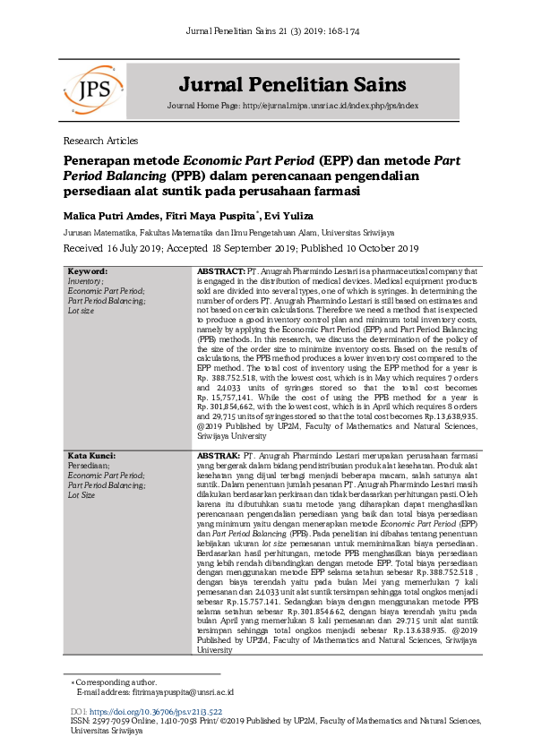 (PDF) Penerapan Metode Economic Part Period (EPP) Dan Metode Part ...