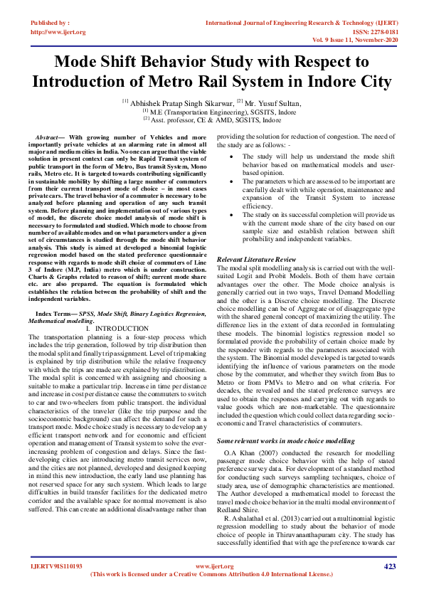 (PDF) Mode Shift Behavior Study with Respect to Introduction of Metro ...
