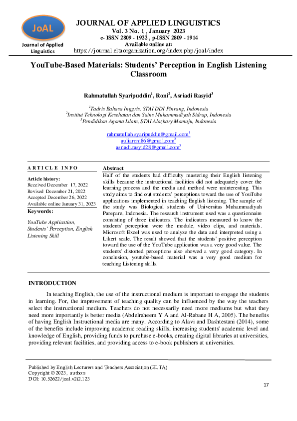 (PDF) YouTube-Based Materials: Students’ Perception in English Listening Classroom