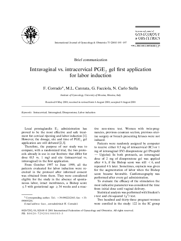 (PDF) Intravaginal vs. intracervical PGE2 gel first application for ...