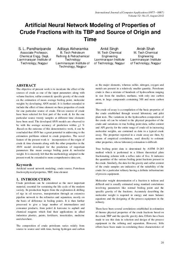 (PDF) Artificial Neural Network Modeling of Properties of Crude Fractions with its TBP and ...