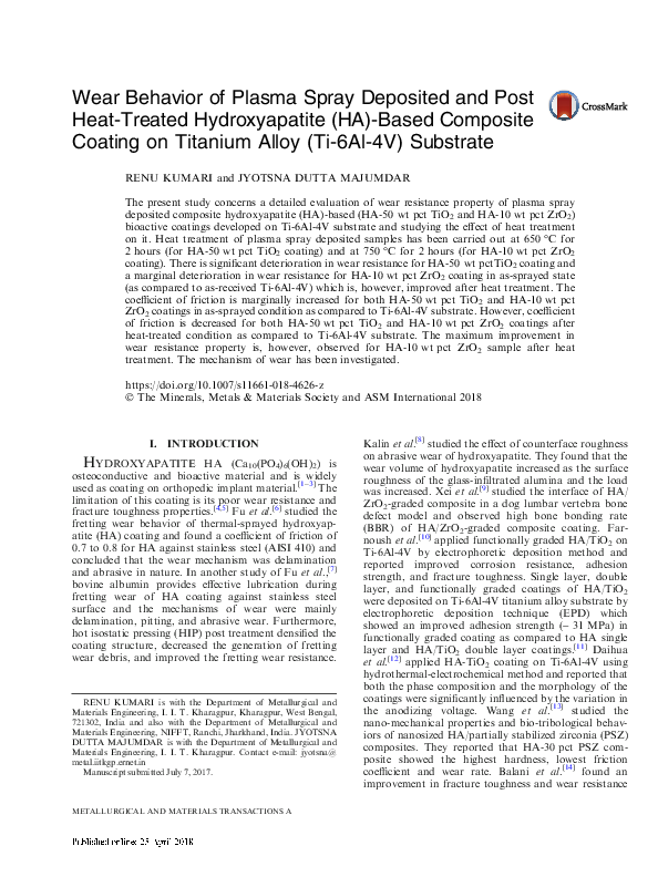 (PDF) Wear Behavior of Plasma Spray Deposited and Post Heat-Treated ...