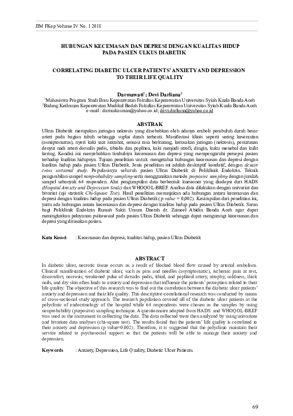 (PDF) Hubungan Kecemasan Dan Depresi Dengan Kualitas Hidup Pada Pasien Ulkus Diabetik