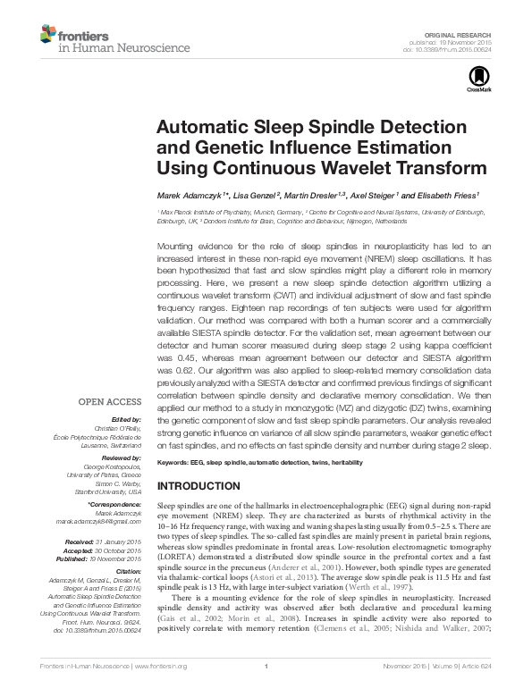 Pdf Automatic Sleep Spindle Detection And Genetic Influence