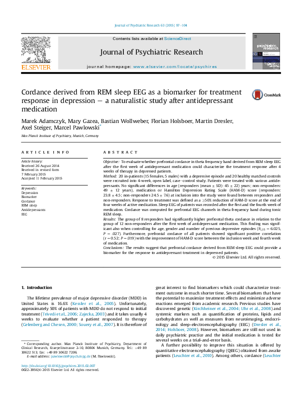 (PDF) Cordance derived from REM sleep EEG as a biomarker for treatment ...
