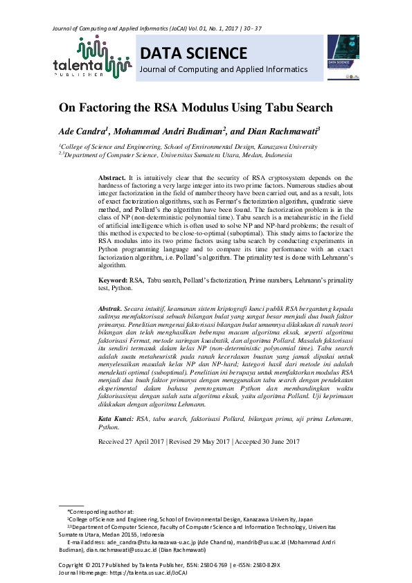 (PDF) On Factoring The RSA Modulus Using Tabu Search | Ade Candra - Academia.edu