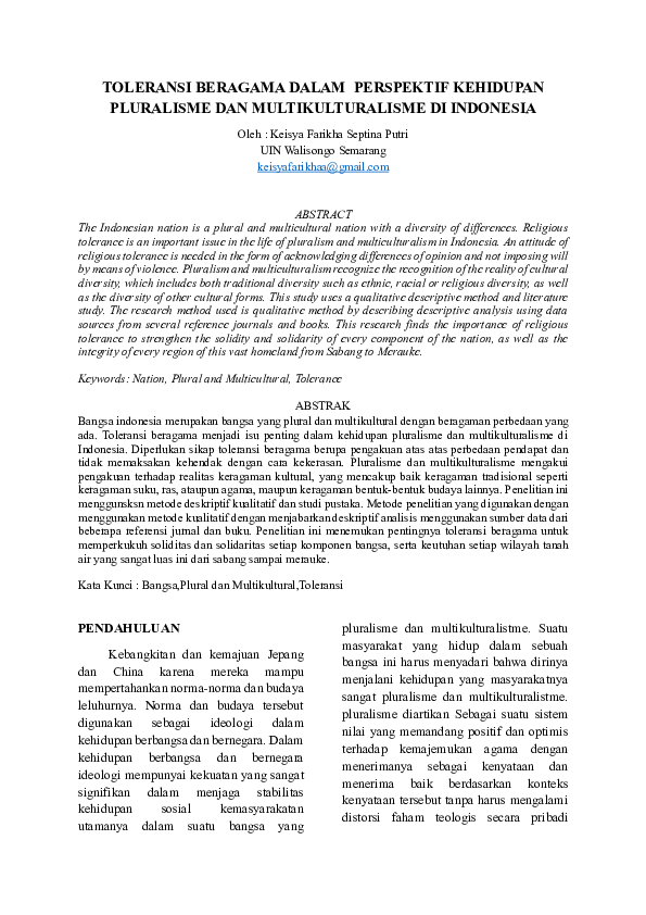 (PDF) TOLERANSI BERAGAMA DALAM PERSPEKTIF KEHIDUPAN PLURALISME DAN MULTIKULTURALISME DI INDONESIA