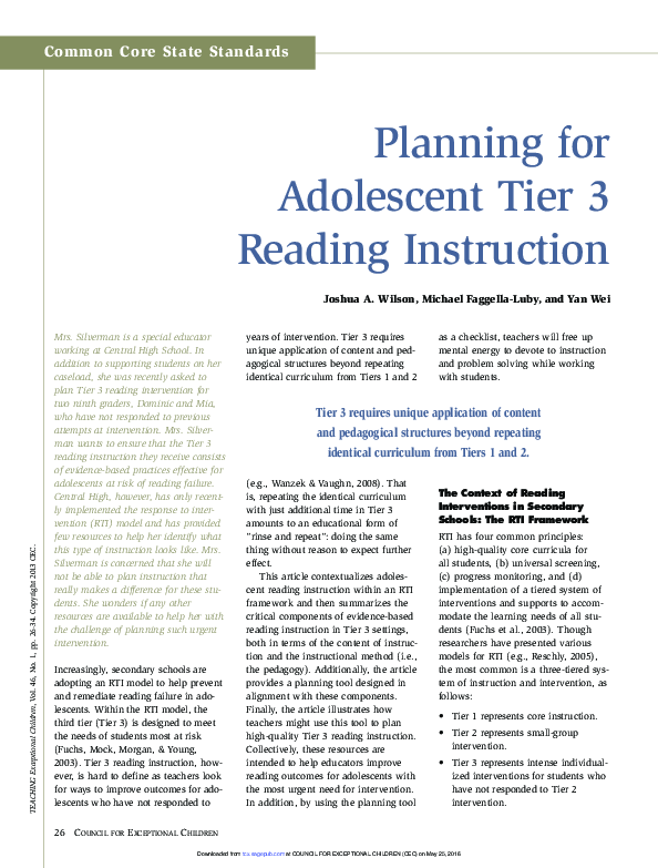(PDF) Planning for Adolescent Tier 3 Reading Instruction