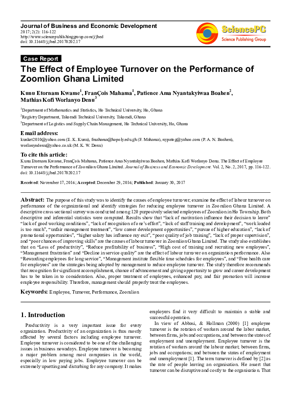 (PDF) The Effect of Employee Turnover on the Performance of Zoomlion Ghana Limited