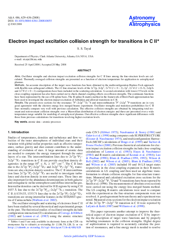 (PDF) Electron impact excitation collision strength for transitions in C II