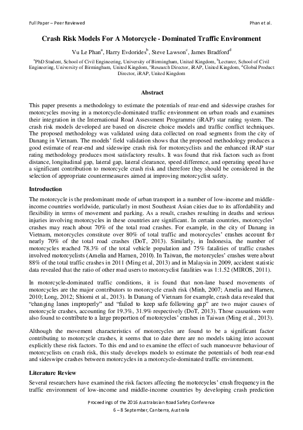 (PDF) Crash risk models for a motorcycle-dominated traffic environment