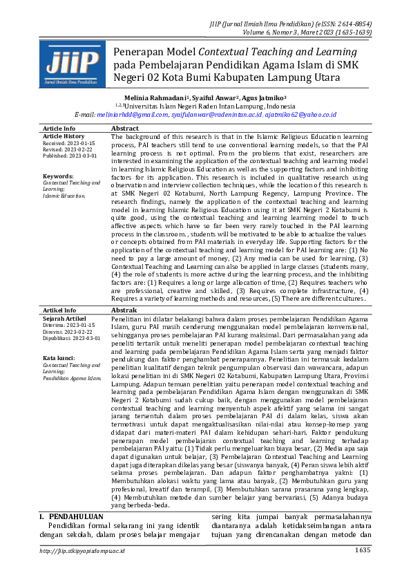 (PDF) Penerapan Model Contextual Teaching and Learning pada Pembelajaran Pendidikan Agama Islam ...