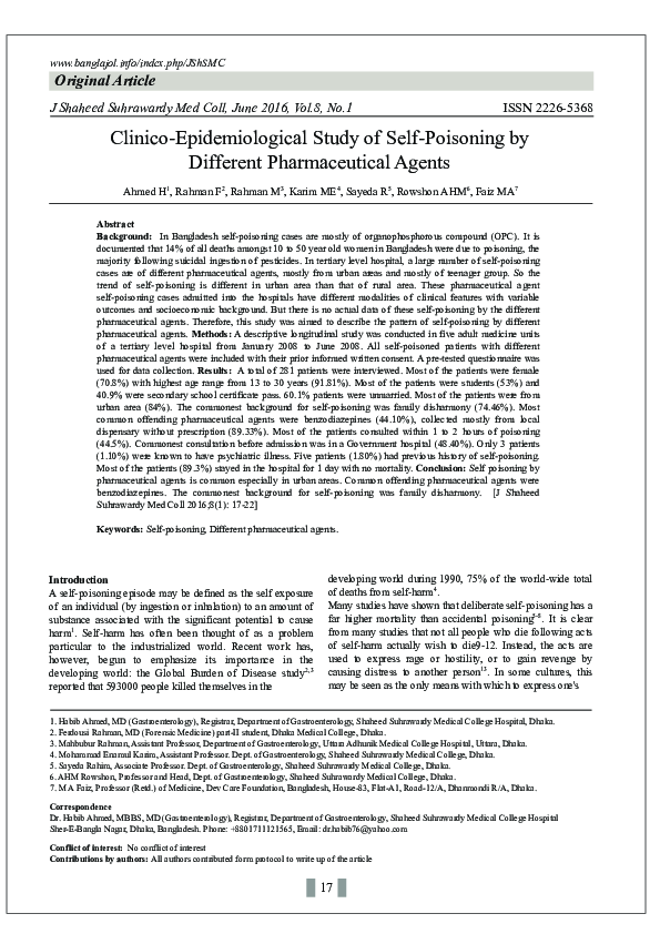(PDF) Clinico-Epidemiological Study of Self-Poisoning by Different ...
