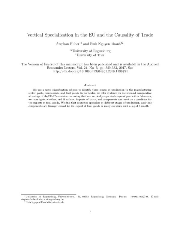 (PDF) Vertical Specialization in the EU and the Causality of Trade
