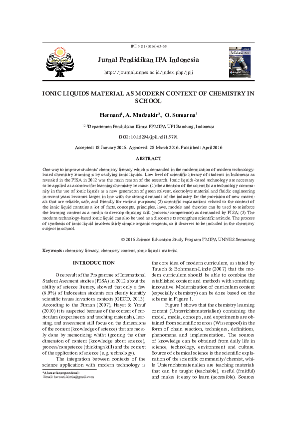 (PDF) Ionic Liquids Material as Modern Context of Chemistry in School