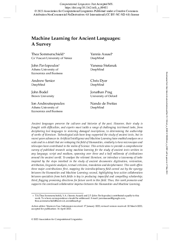 (PDF) Machine Learning for Ancient Languages: A Survey