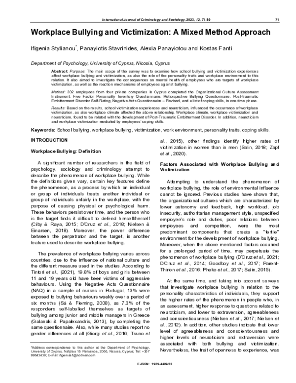 (PDF) Workplace Bullying and Victimization: A Mixed Method Approach