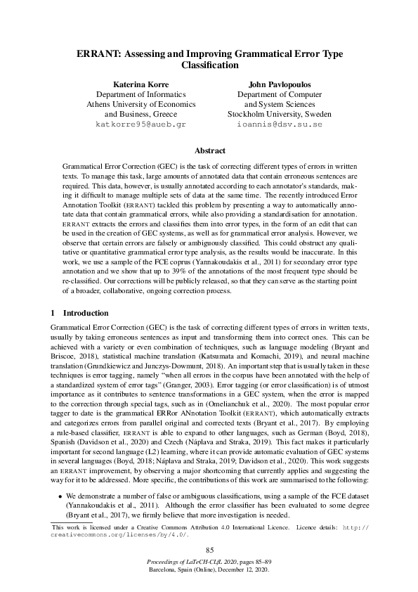(PDF) ERRANT: Assessing and Improving Grammatical Error Type Classification