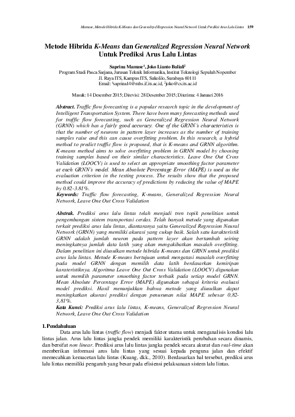 (PDF) Metode Hibrida K-Means dan Generalized Regression Neural Network Untuk Prediksi Arus Lalu ...