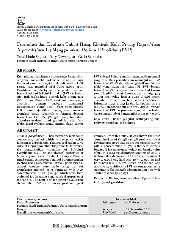 (PDF) Formulasi dan Evaluasi Tablet Hisap Ekstrak Kulit Pisang Raja (Musa X paradisiaca L ...
