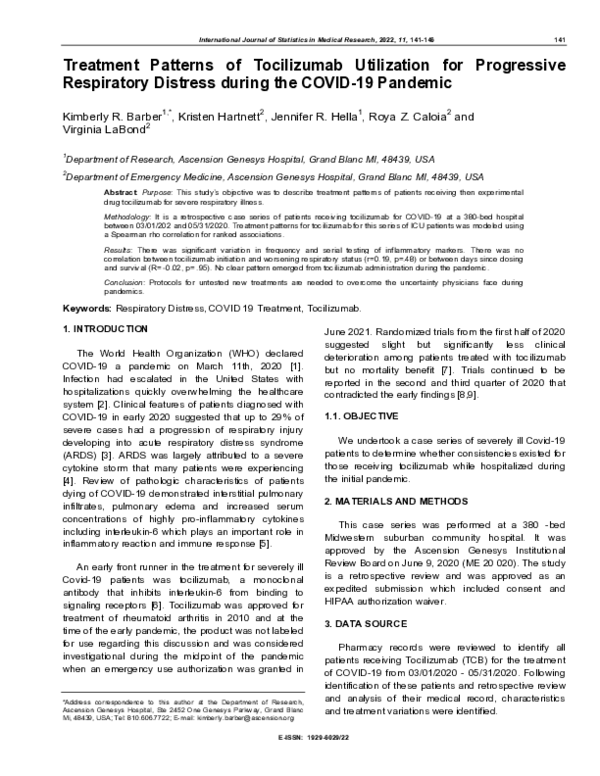 (PDF) Treatment Patterns of Tocilizumab Utilization for Progressive Respiratory Distress during ...