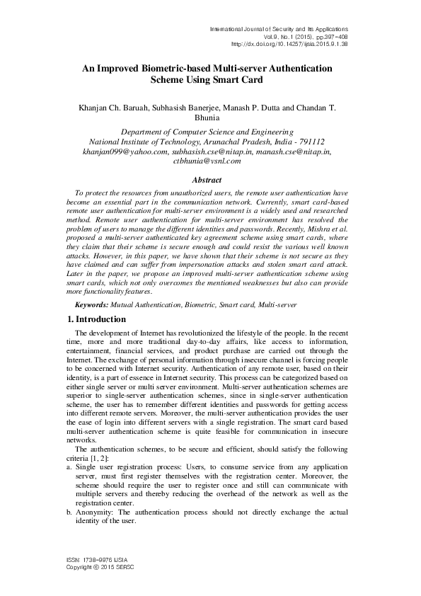 Pdf An Improved Biometric Based Multi Server Authentication Scheme Using Smart Card