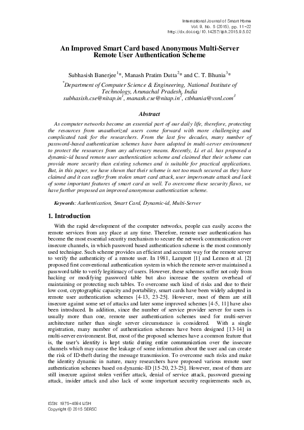 (PDF) An Improved Smart Card based Anonymous Multi-Server Remote User Authentication Scheme