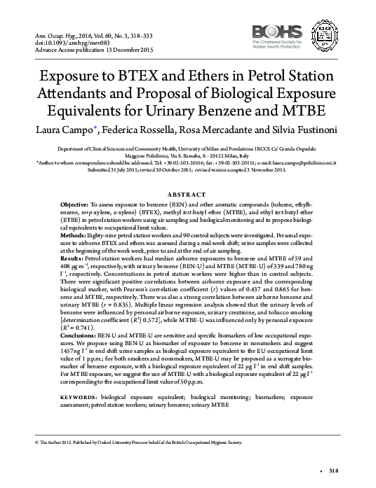 (PDF) Exposure to BTEX and Ethers in Petrol Station Attendants and Proposal of Biological ...