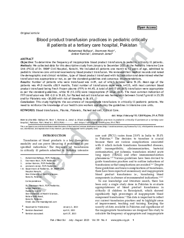 (PDF) Blood product transfusion practices in pediatric critically ill ...