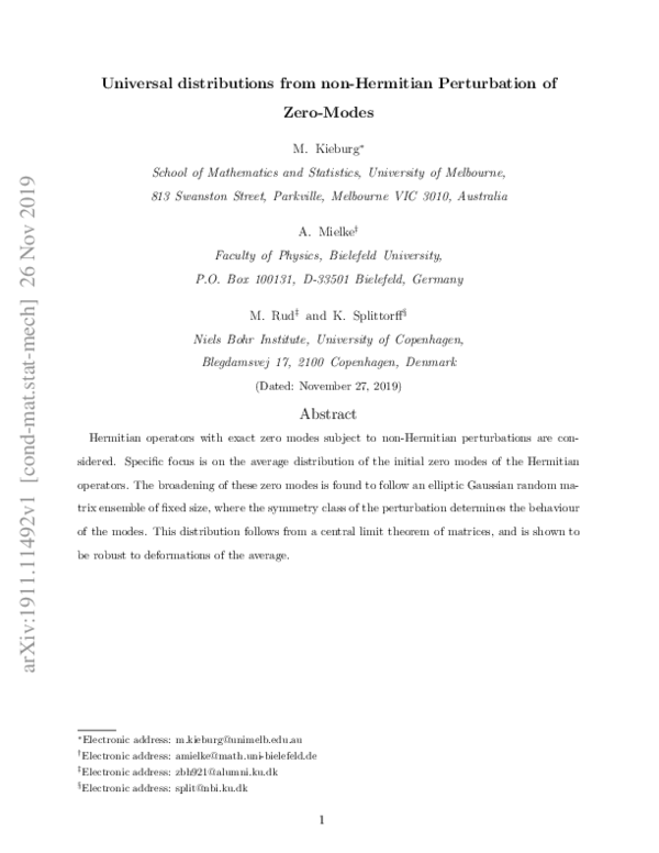 (PDF) Universal distributions from non-Hermitian perturbation of zero modes | Adam Mielke ...