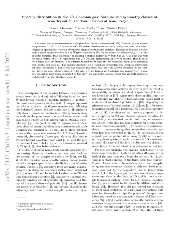 Spacing Distribution In The Two Dimensional Coulomb Gas Surmise And Symmetry Classes Of Non
